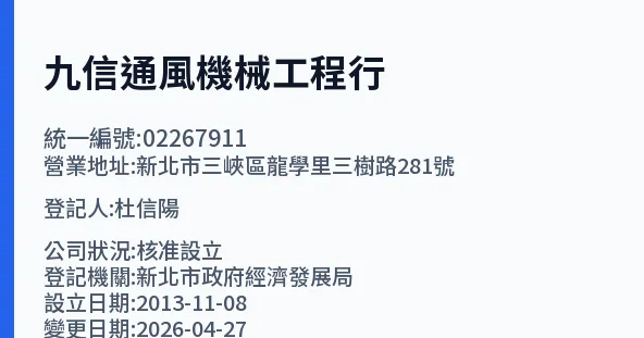 九信通風機械工程行的照片-統編 02267911(新北市) 公司登記資料與營業項目詳細圖表