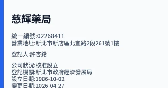 慈輝藥局的照片-統編 02268411(新北市) 公司登記資料與營業項目詳細圖表