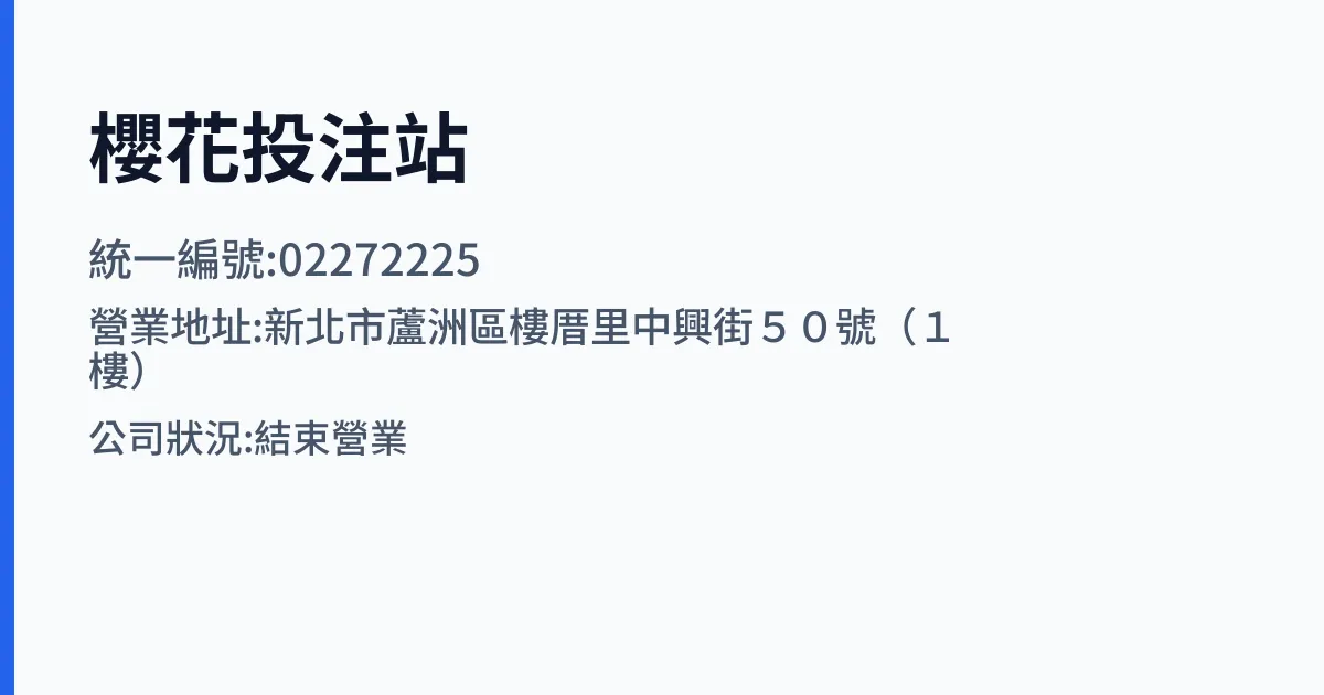 櫻花投注站 - 統編 02272225(新北市) 公司登記資料與營業項目詳細圖表