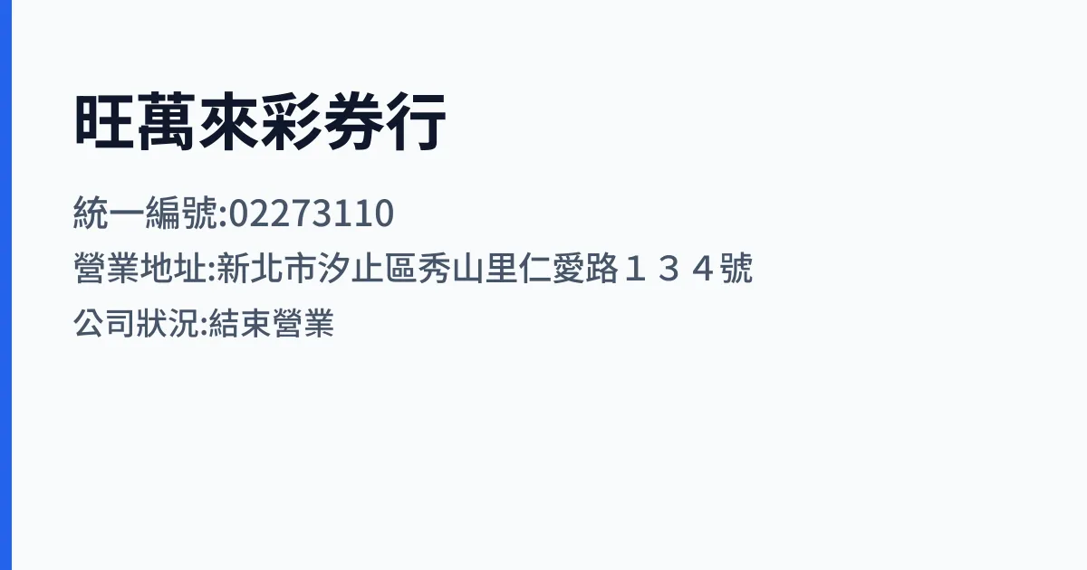 旺萬來彩券行 - 統編 02273110(新北市) 公司登記資料與營業項目詳細圖表