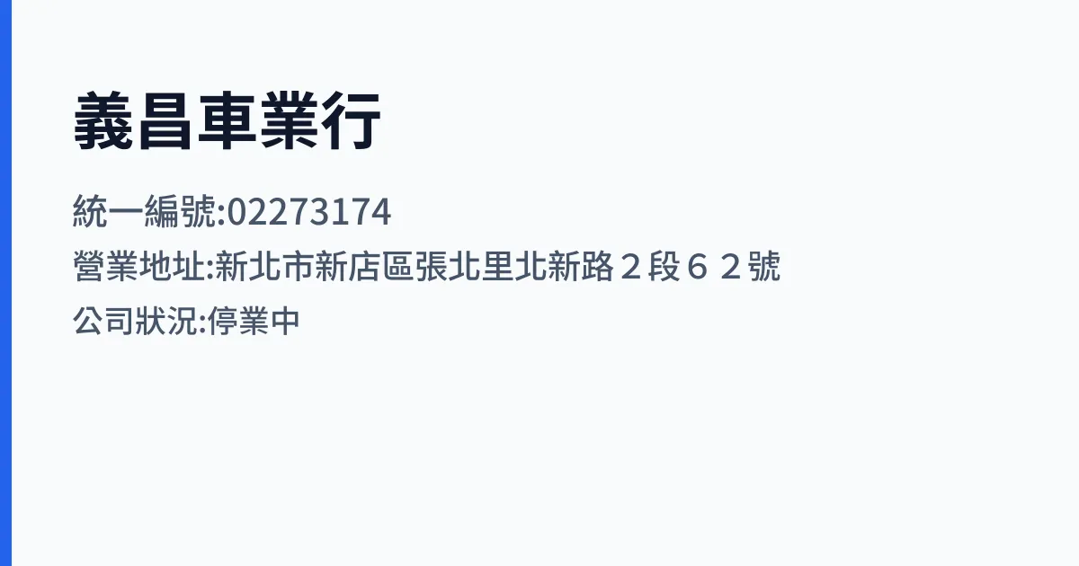 義昌車業行 - 統編 02273174(新北市) 公司登記資料與營業項目詳細圖表