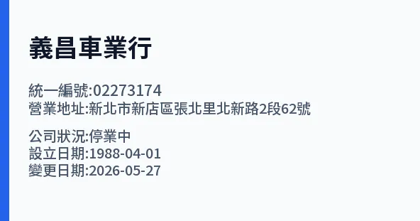 義昌車業行的照片-統編 02273174(新北市) 公司登記資料與營業項目詳細圖表