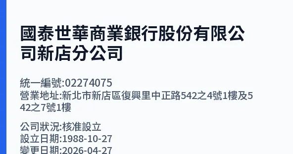 國泰世華商業銀行股份有限公司新店分公司的照片-統編 02274075(新北市) 公司登記資料與營業項目詳細圖表