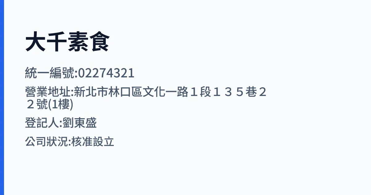 大千素食 - 統編 02274321(新北市) 公司登記資料與營業項目詳細圖表