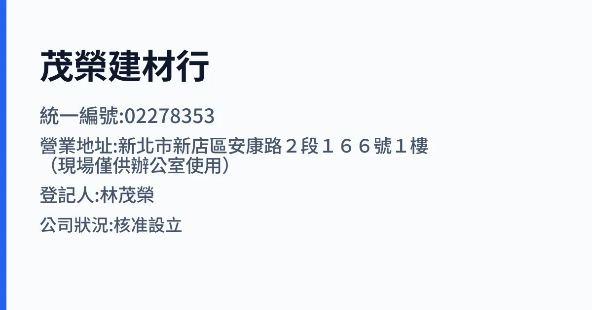 茂榮建材行 - 統編 02278353(新北市) 公司登記資料與營業項目詳細圖表