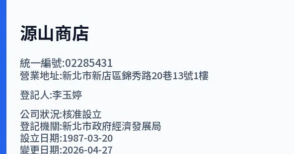 源山商店的照片-統編 02285431(新北市) 公司登記資料與營業項目詳細圖表