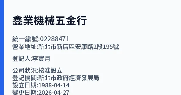 鑫業機械五金行的照片-統編 02288471(新北市) 公司登記資料與營業項目詳細圖表
