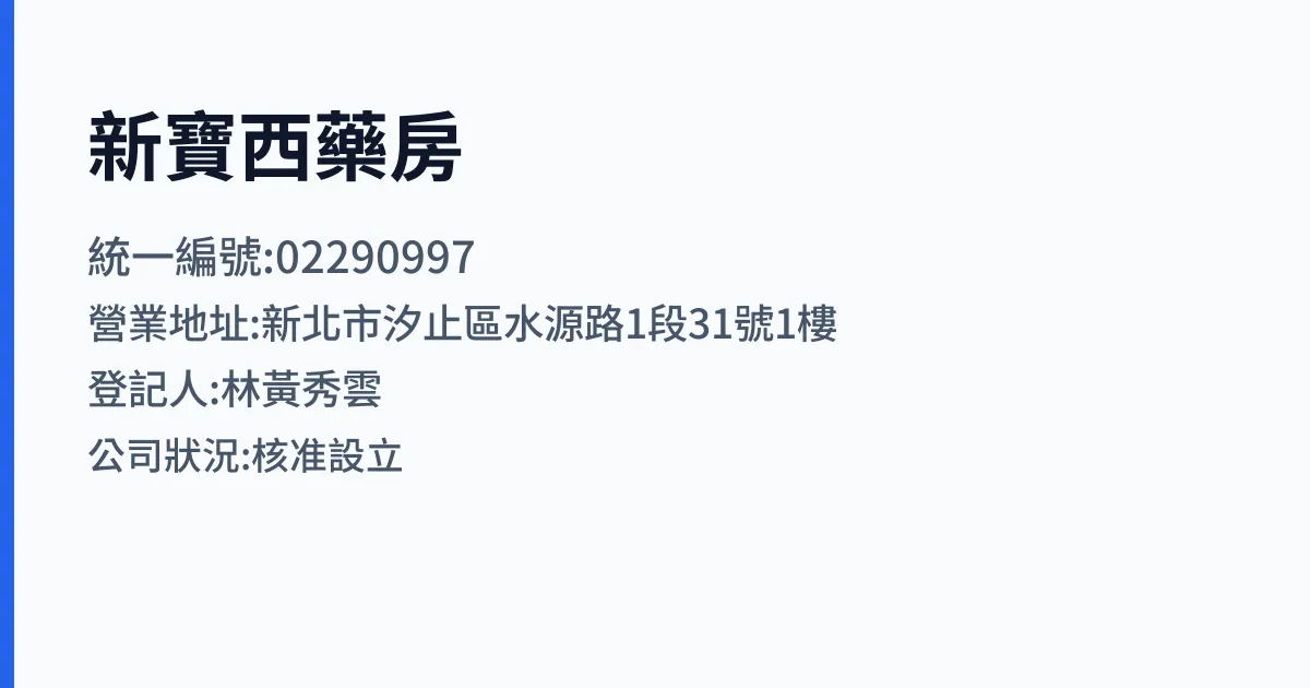 新寶西藥房 - 統編 02290997(新北市) 公司登記資料與營業項目詳細圖表
