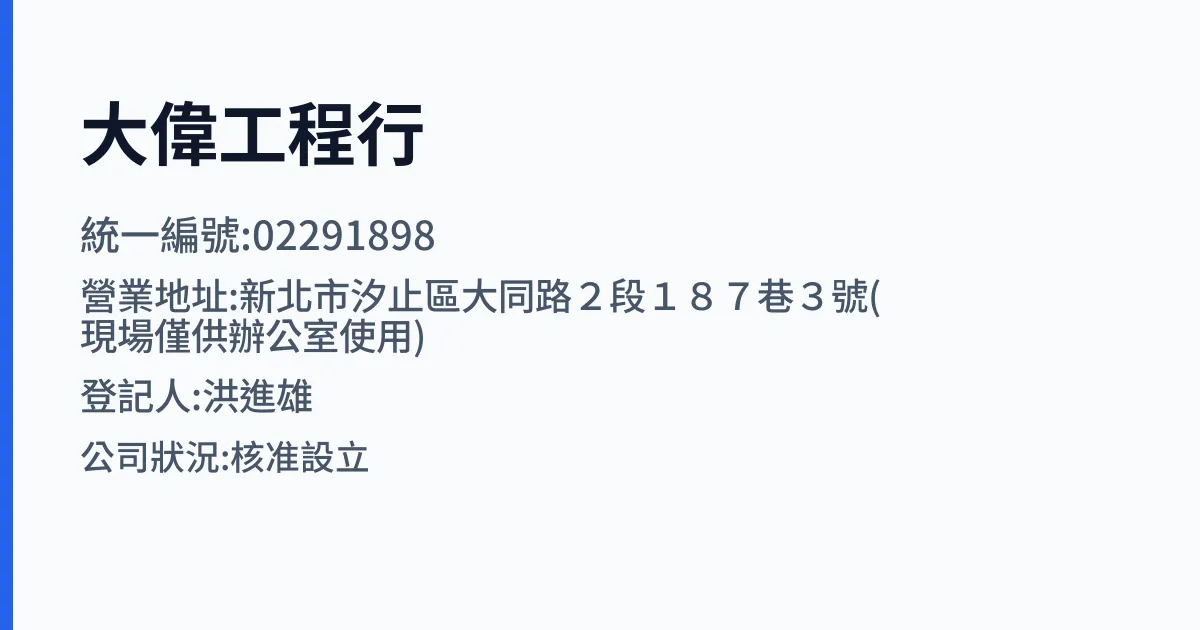 大偉工程行 - 統編 02291898(新北市) 公司登記資料與營業項目詳細圖表