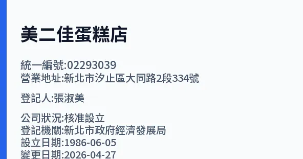 美二佳蛋糕店的照片-統編 02293039(新北市) 公司登記資料與營業項目詳細圖表