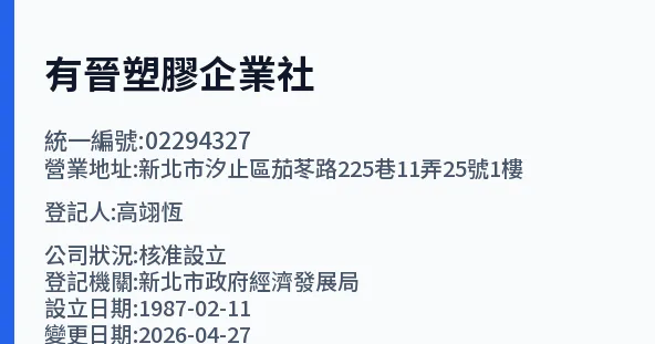 有晉塑膠企業社的照片-統編 02294327(新北市) 公司登記資料與營業項目詳細圖表