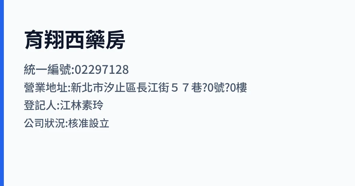 育翔西藥房 - 統編 02297128(新北市) 公司登記資料與營業項目詳細圖表