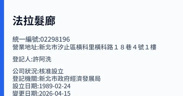 法拉髮廊的照片-統編 02298196(新北市) 公司登記資料與營業項目詳細圖表
