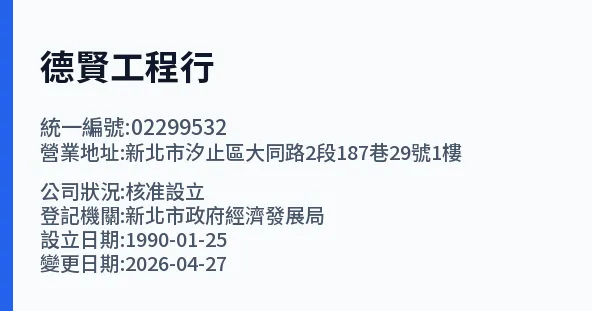 德賢工程行的照片-統編 02299532(新北市) 公司登記資料與營業項目詳細圖表