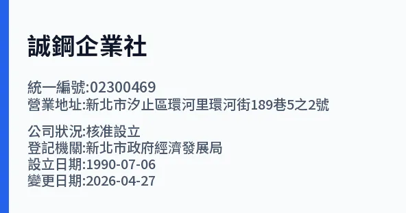 誠鋼企業社的照片-統編 02300469(新北市) 公司登記資料與營業項目詳細圖表