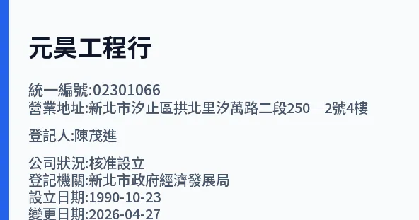 元昊工程行的照片-統編 02301066(新北市) 公司登記資料與營業項目詳細圖表