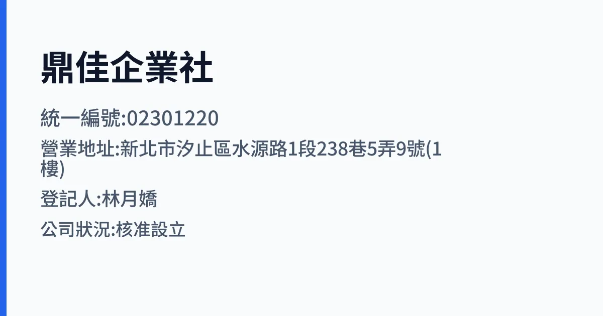鼎佳企業社 - 統編 02301220(新北市) 公司登記資料與營業項目詳細圖表