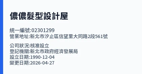 儂儂髮型設計屋的照片-統編 02301299(新北市) 公司登記資料與營業項目詳細圖表