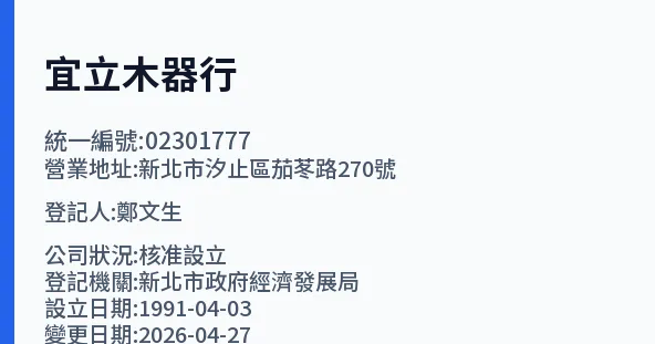 宜立木器行的照片-統編 02301777(新北市) 公司登記資料與營業項目詳細圖表