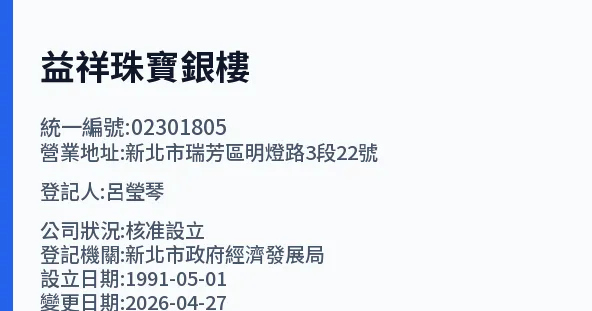益祥珠寶銀樓的照片-統編 02301805(新北市) 公司登記資料與營業項目詳細圖表