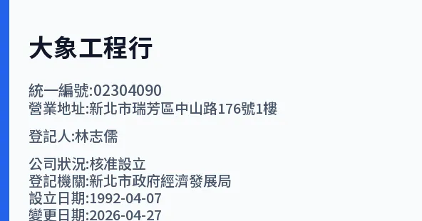 大象工程行的照片-統編 02304090(新北市) 公司登記資料與營業項目詳細圖表