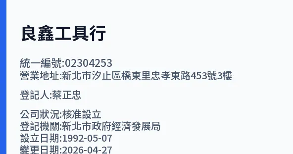 良鑫工具行的照片-統編 02304253(新北市) 公司登記資料與營業項目詳細圖表
