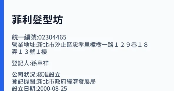 菲利髮型坊的照片-統編 02304465(新北市) 公司登記資料與營業項目詳細圖表