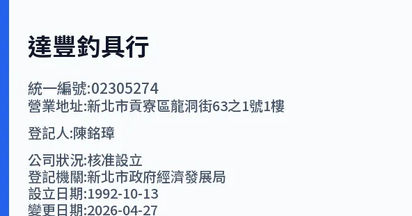 達豐釣具行的照片-統編 02305274(新北市) 公司登記資料與營業項目詳細圖表