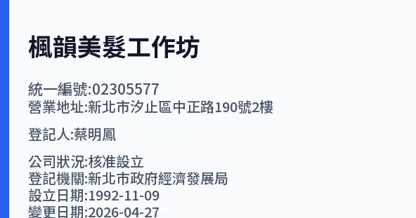楓韻美髮工作坊的照片-統編 02305577(新北市) 公司登記資料與營業項目詳細圖表