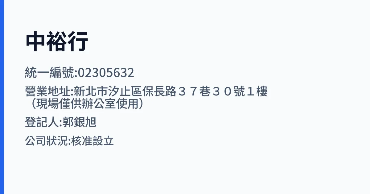中裕行 - 統編 02305632(新北市) 公司登記資料與營業項目詳細圖表