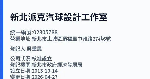 新北派克汽球設計工作室的照片-統編 02305788(新北市) 公司登記資料與營業項目詳細圖表