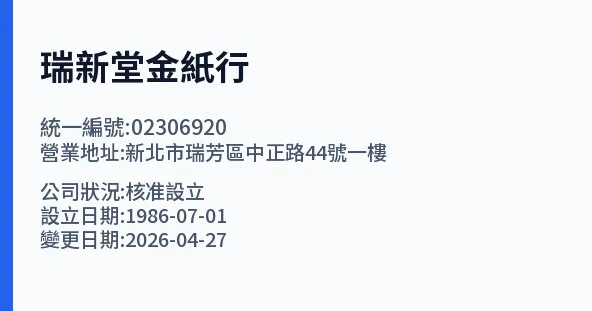 瑞新堂金紙行的照片-統編 02306920(新北市) 公司登記資料與營業項目詳細圖表