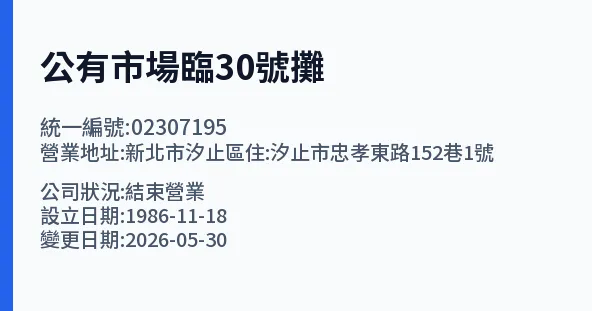 公有市場臨30號攤的照片-統編 02307195(新北市) 公司登記資料與營業項目詳細圖表