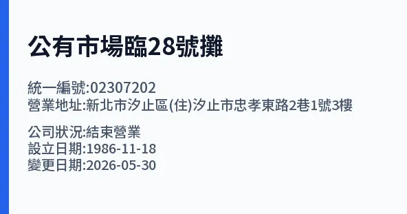 公有市場臨28號攤的照片-統編 02307202(新北市) 公司登記資料與營業項目詳細圖表
