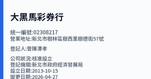 大黑馬彩券行的照片-統編 02308217(新北市) 公司登記資料與營業項目詳細圖表
