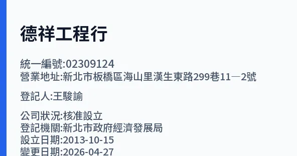 德祥工程行的照片-統編 02309124(新北市) 公司登記資料與營業項目詳細圖表