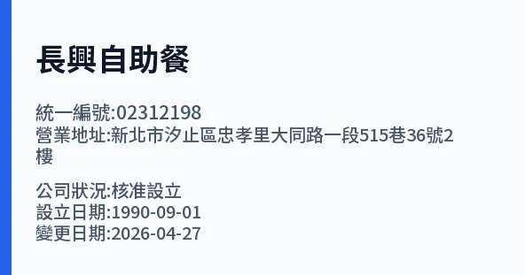 長興自助餐的照片-統編 02312198(新北市) 公司登記資料與營業項目詳細圖表