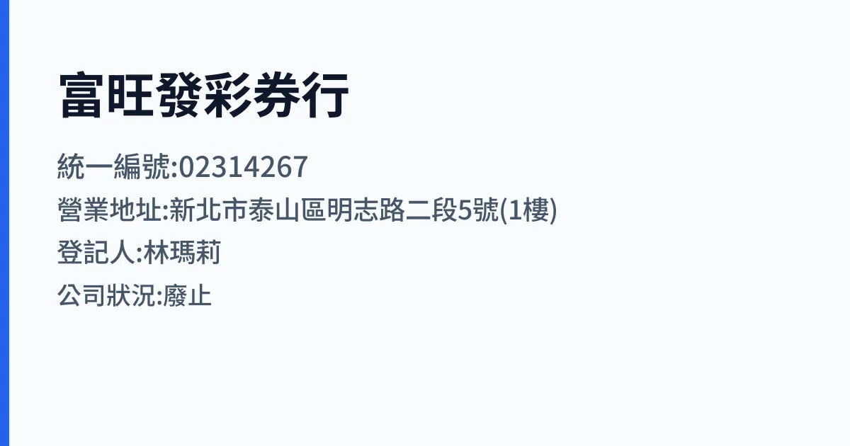 富旺發彩券行 - 統編 02314267(新北市) 公司登記資料與營業項目詳細圖表