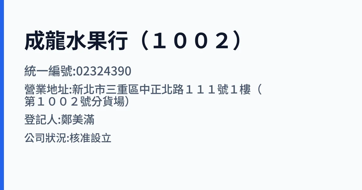 成龍水果行（１００２） - 統編 02324390(新北市) 公司登記資料與營業項目詳細圖表
