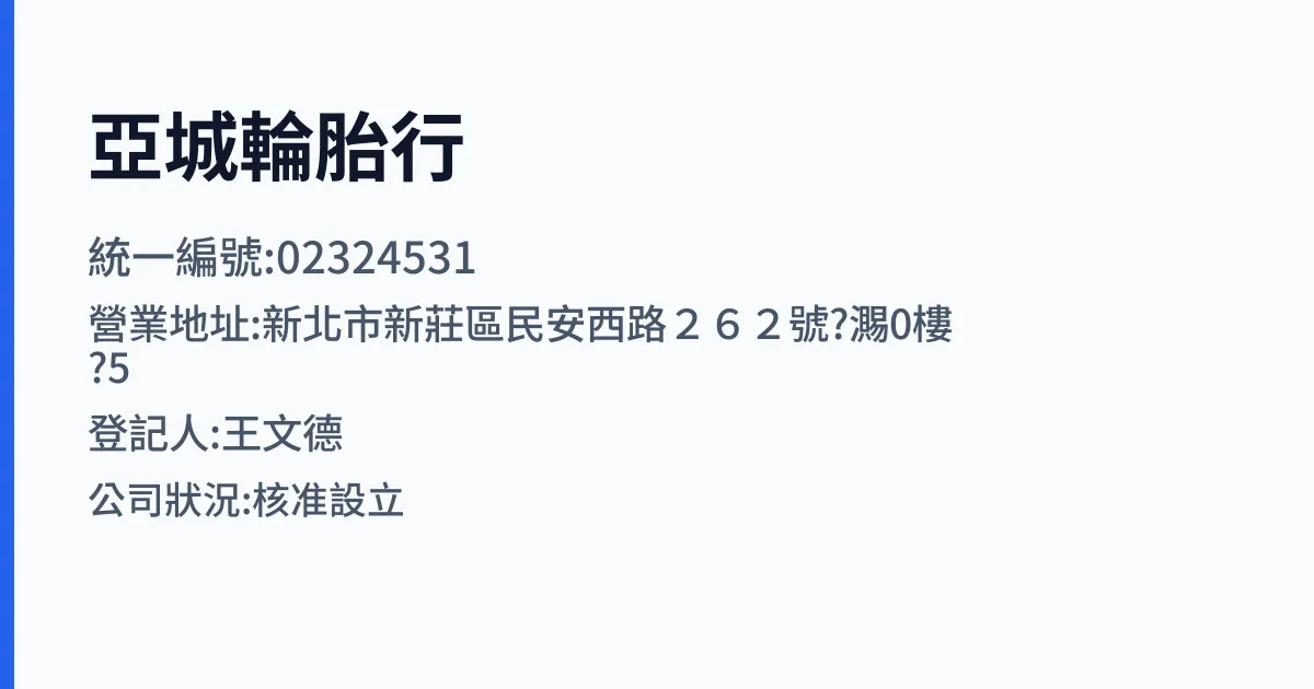 亞城輪胎行 - 統編 02324531(新北市) 公司登記資料與營業項目詳細圖表