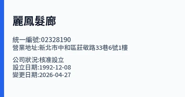 麗鳳髮廊的照片-統編 02328190(新北市) 公司登記資料與營業項目詳細圖表