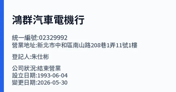 鴻群汽車電機行的照片-統編 02329992(新北市) 公司登記資料與營業項目詳細圖表