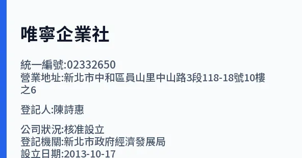 唯寧企業社的照片-統編 02332650(新北市) 公司登記資料與營業項目詳細圖表