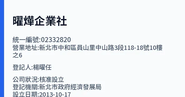 曜燁企業社的照片-統編 02332820(新北市) 公司登記資料與營業項目詳細圖表