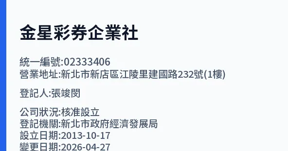 金星彩券企業社的照片-統編 02333406(新北市) 公司登記資料與營業項目詳細圖表