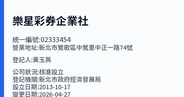 樂星彩券企業社的照片-統編 02333454(新北市) 公司登記資料與營業項目詳細圖表