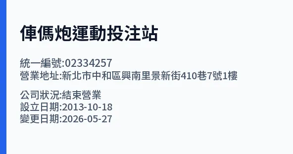 俥傌炮運動投注站的照片-統編 02334257(新北市) 公司登記資料與營業項目詳細圖表
