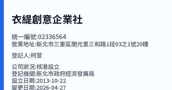 衣緹創意企業社的照片-統編 02336564(新北市) 公司登記資料與營業項目詳細圖表