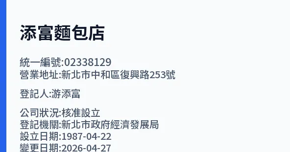 添富麵包店的照片-統編 02338129(新北市) 公司登記資料與營業項目詳細圖表