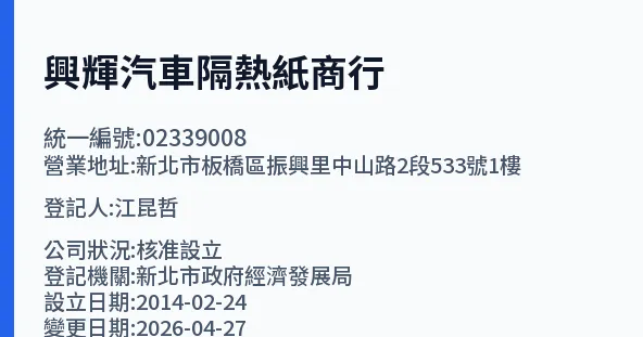 興輝汽車隔熱紙商行的照片-統編 02339008(新北市) 公司登記資料與營業項目詳細圖表